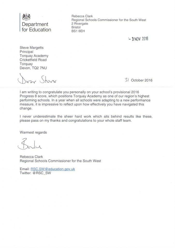 Torquay Academy - Recognition Congratulations for School from DfE Local ...